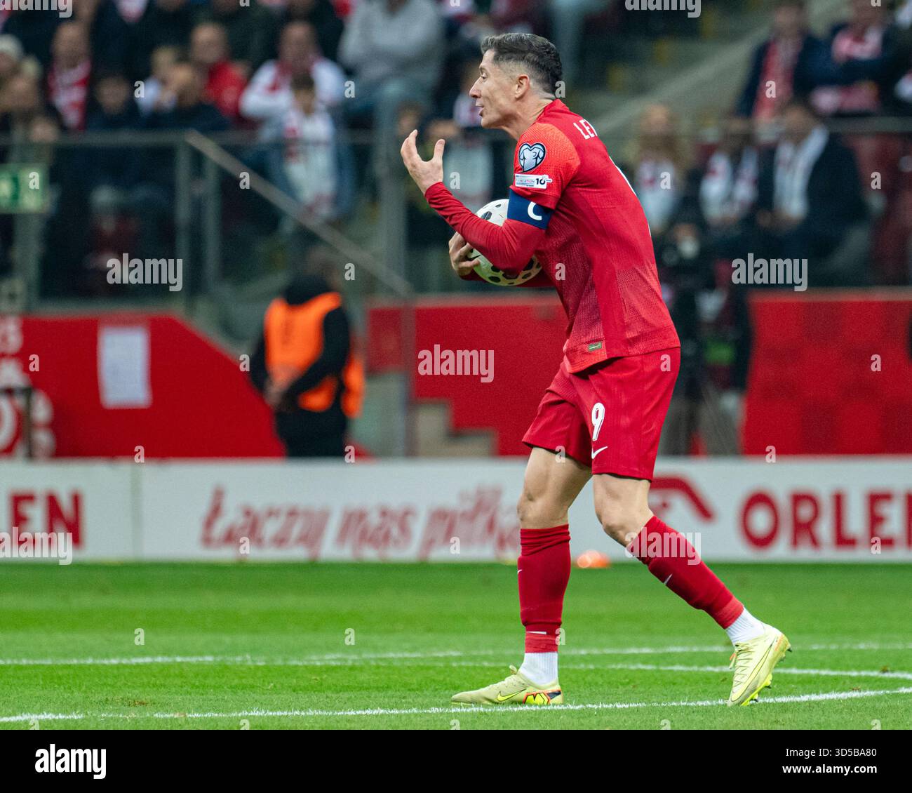 Robert Lewandowski of Poland reacts after the referee whistles him for ...