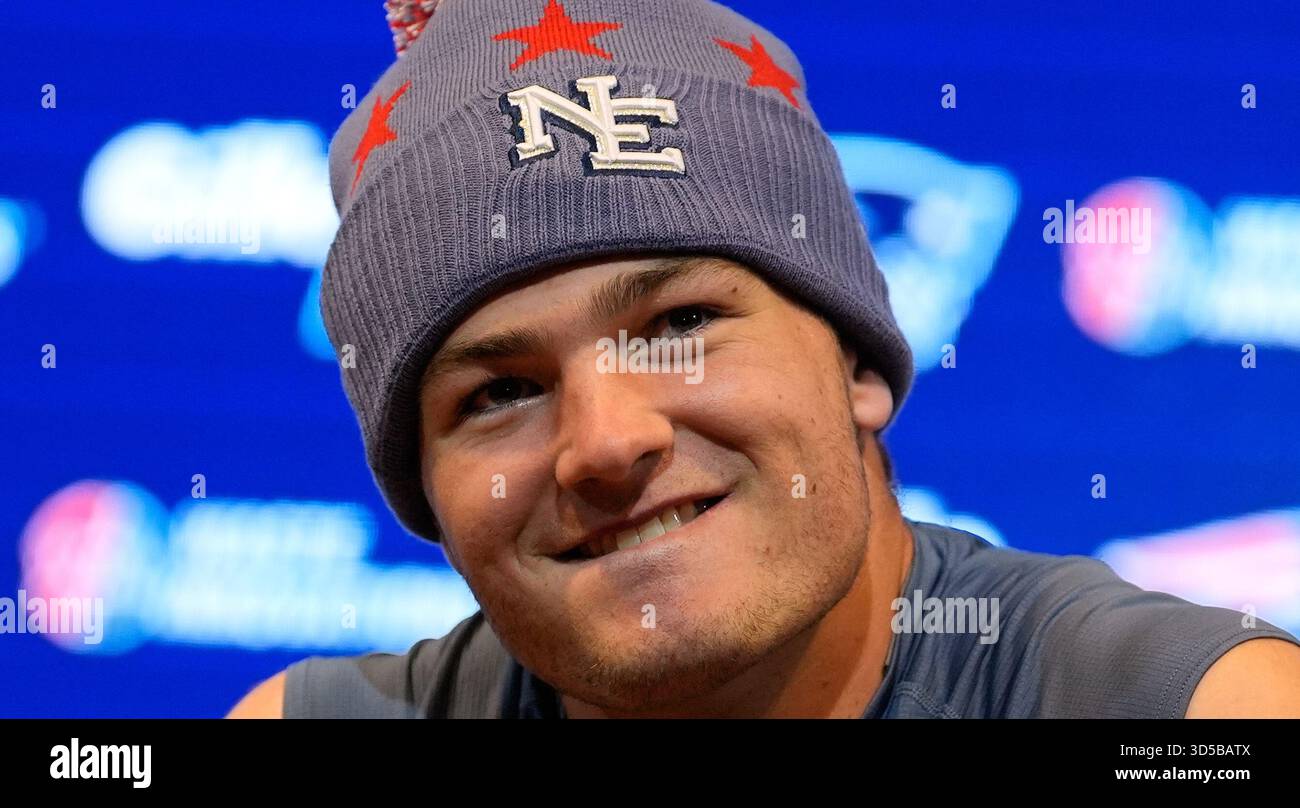 New England Patriots quarterback Drake Maye during a news conference ...