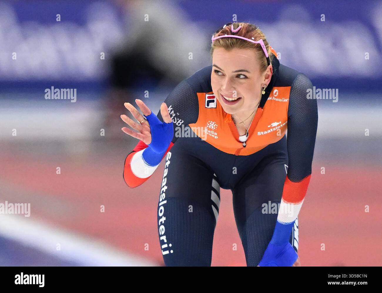 Joy Beune of the Netherlands reacts after finishing the women's 3000 ...