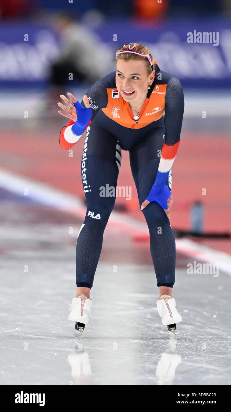 Joy Beune of the Netherlands reacts after finishing the women's 3000 ...