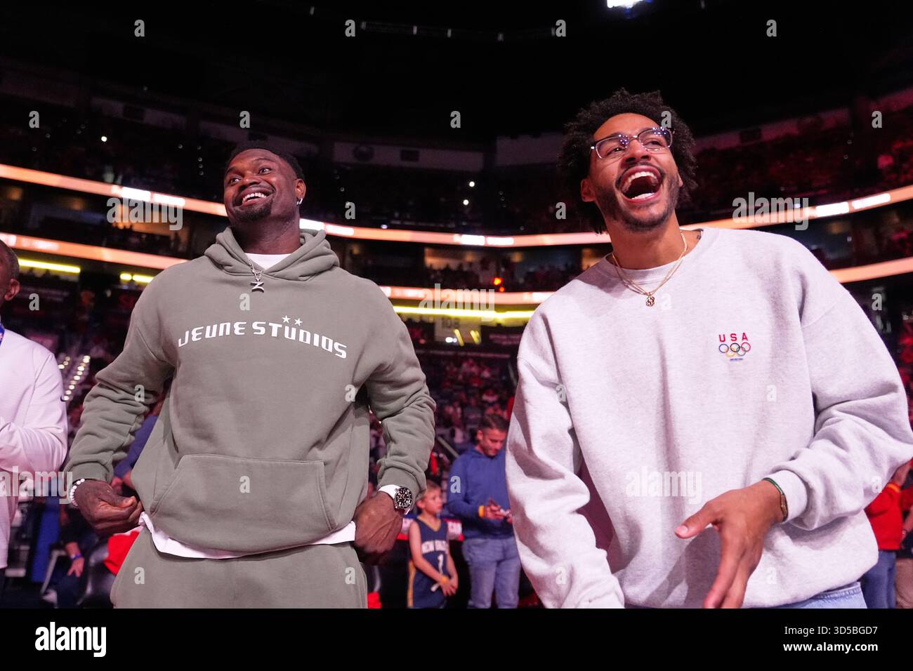 Injured New Orleans Pelicans players Zion Williamson, left, and Jordan ...