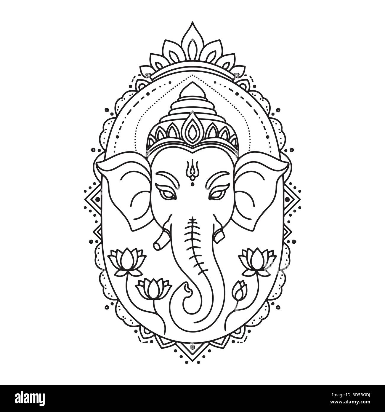 Lord Ganesha outline illustration with lotus flowers for coloring book ...