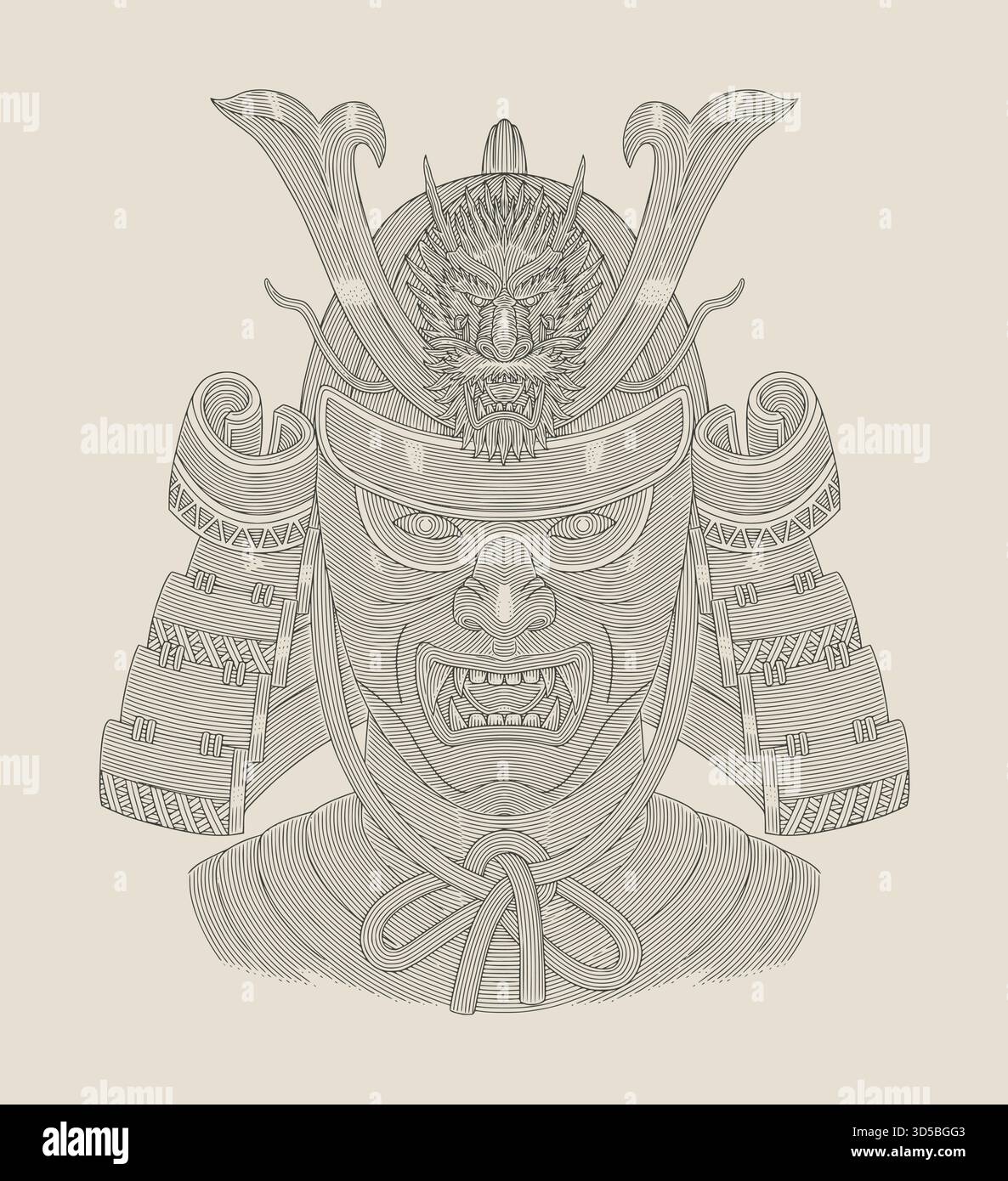 Traditional Japanese Samurai helmet, vintage Engraving drawing style ...