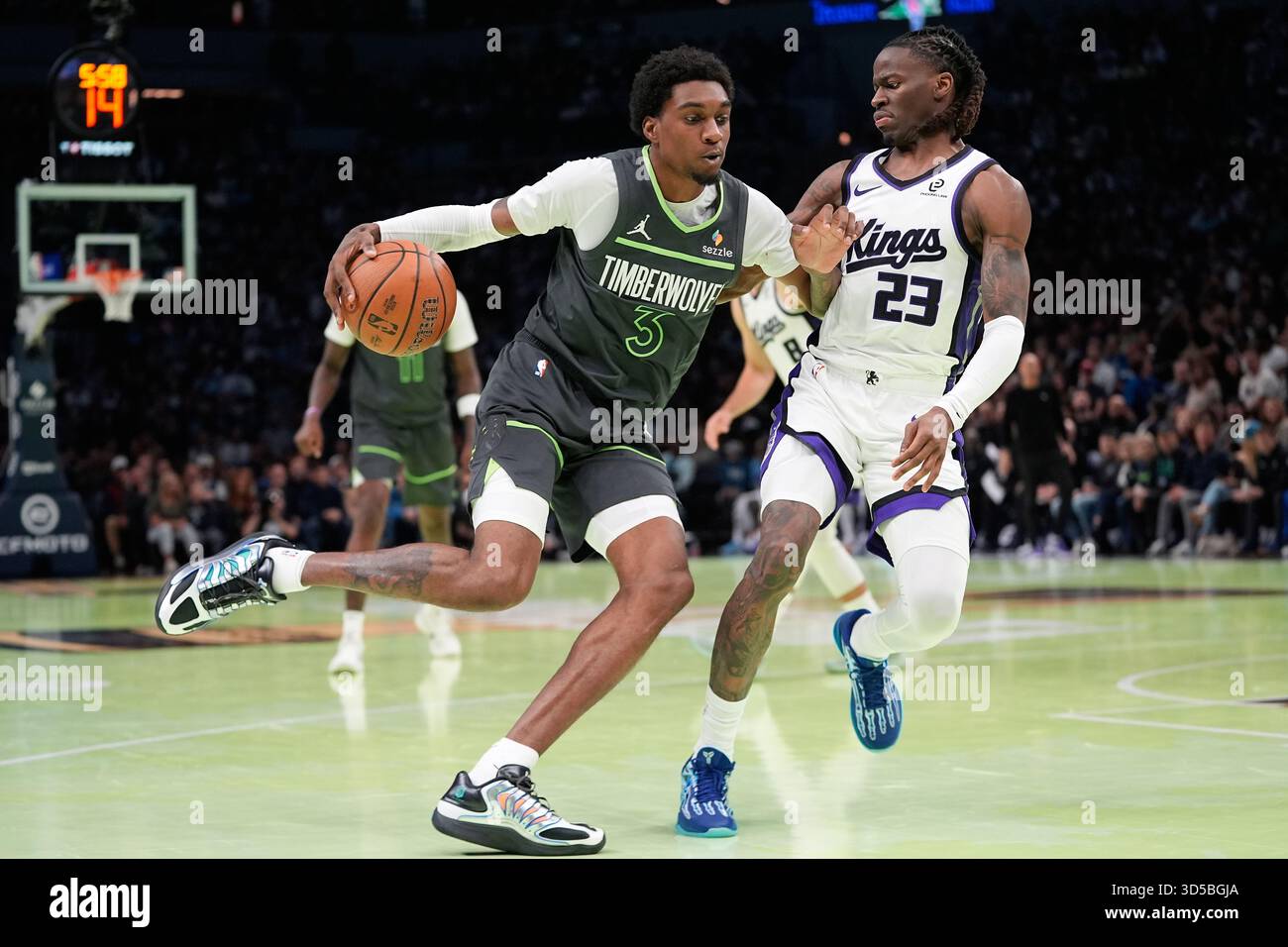Minnesota Timberwolves forward Jaden McDaniels (3) works toward the ...