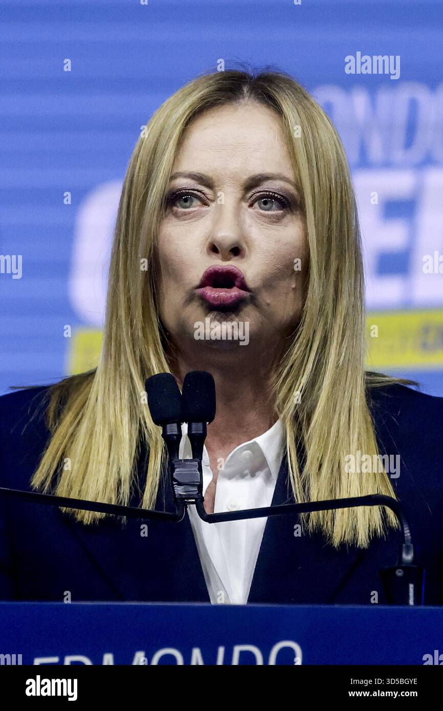 Giorgia Meloni, Italian Prime Minister and leader of the party Fratelli di Italia, speaking at ...