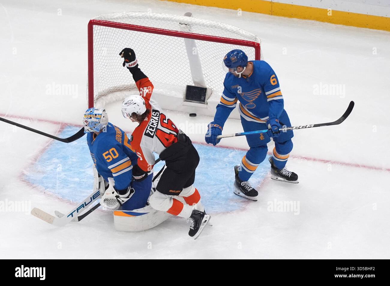 Philadelphia Flyers' Trevor Zegras (46) scores past St. Louis Blues ...