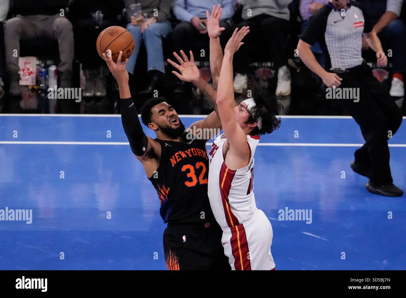Miami Heat forward Jaime Jaquez Jr. blocks New York Knicks center Karl ...