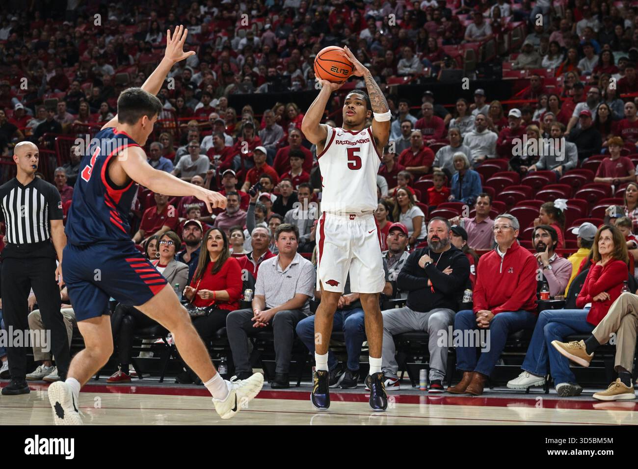 Arkansas guard Darius Acuff Jr. (5) shoots a there point shot over ...