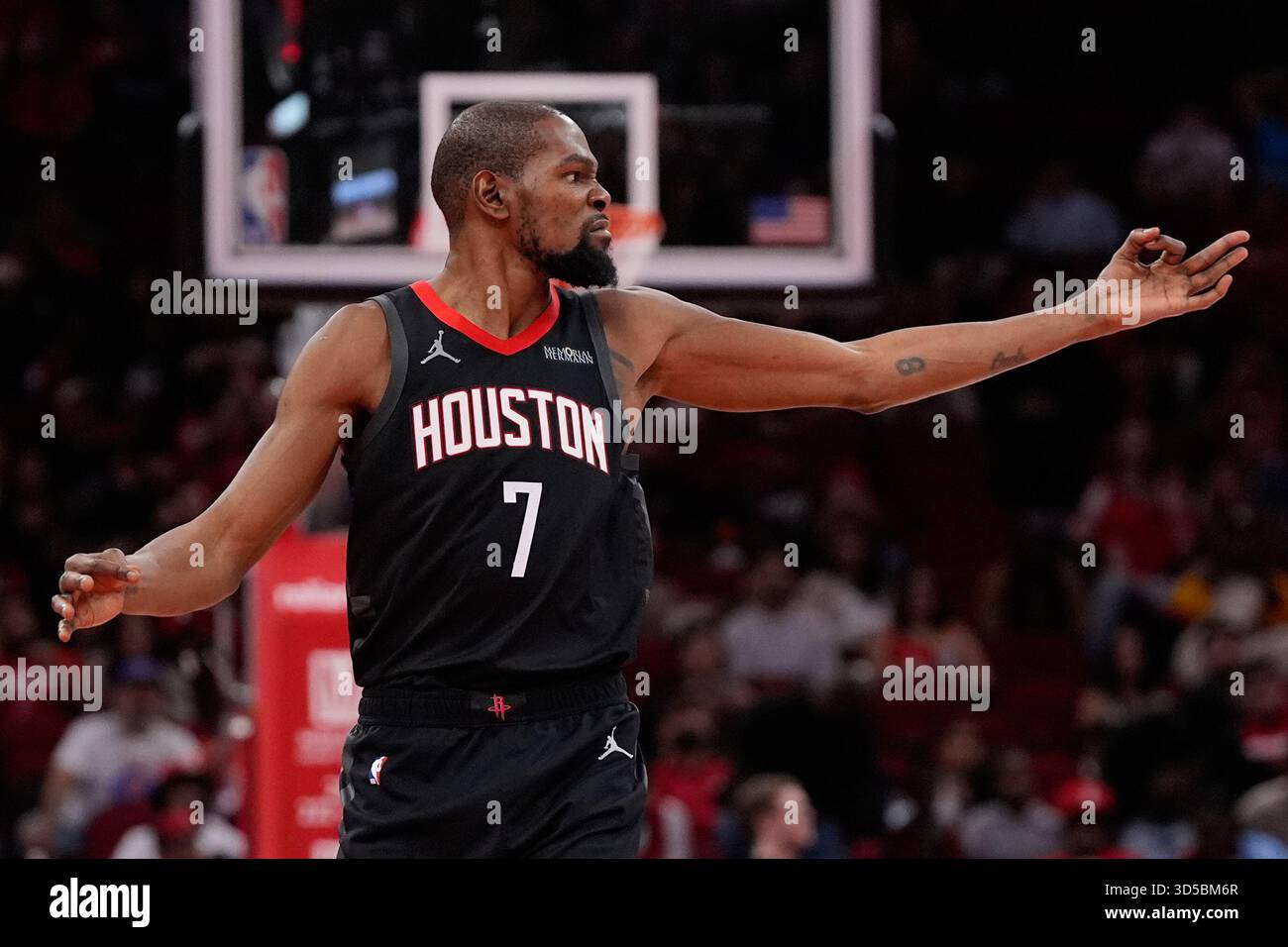Houston Rockets forward Kevin Durant celebrates after a 3-pointer ...