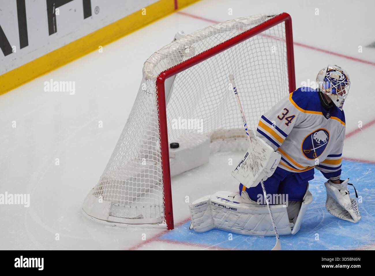Buffalo Sabres goaltender Alex Lyon (34) reacts after lettign in a goal ...