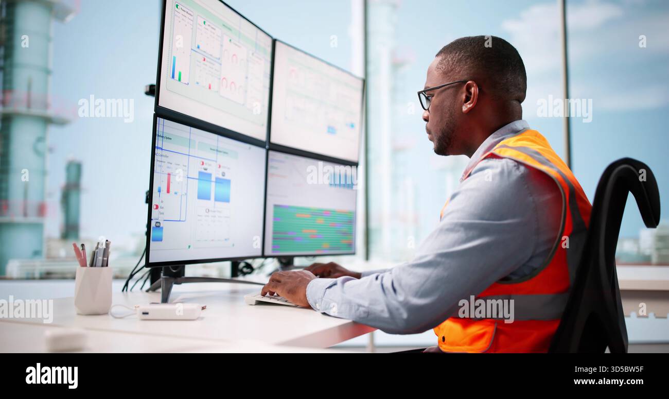 Male Engineer Monitors Oil And Gas Pipeline Using Industrial Automation ...