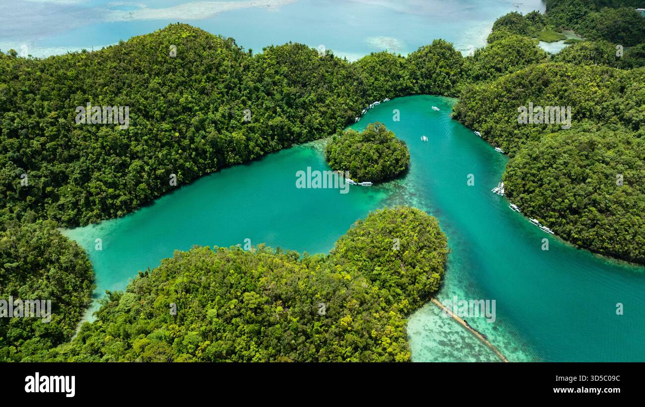 Aerial view of lagoon with small forest islands and boats floating on ...