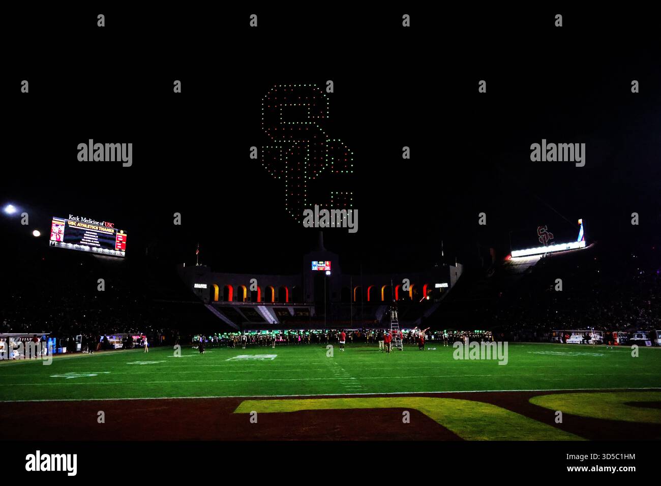 A group of drones display the "SC" logo in lights over the Los Angeles ...