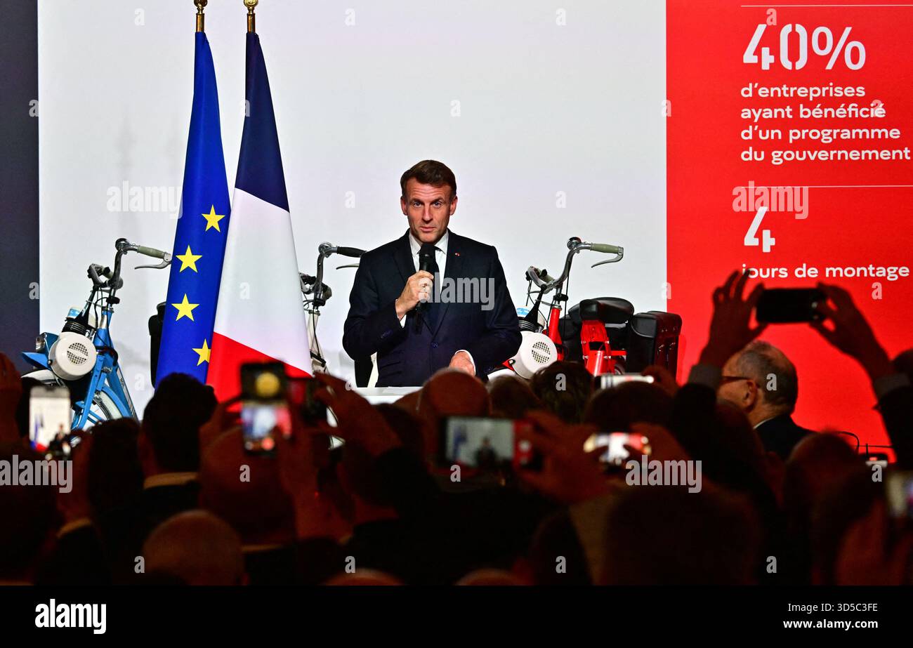 French President Emmanuel Macron delivers a speech during the ...