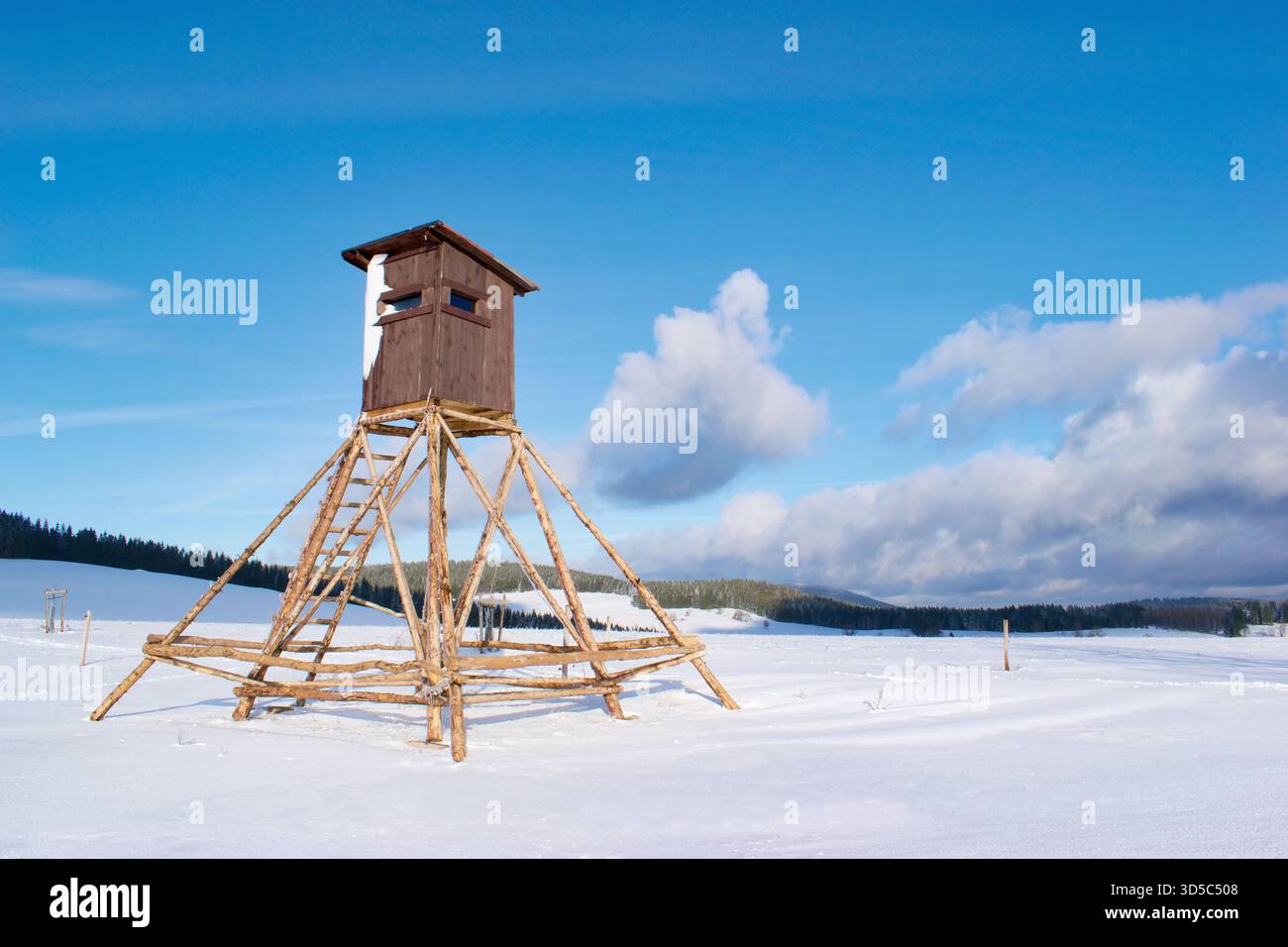 Hunters perch cabine in the beautiful winter snowy landscape Stock ...