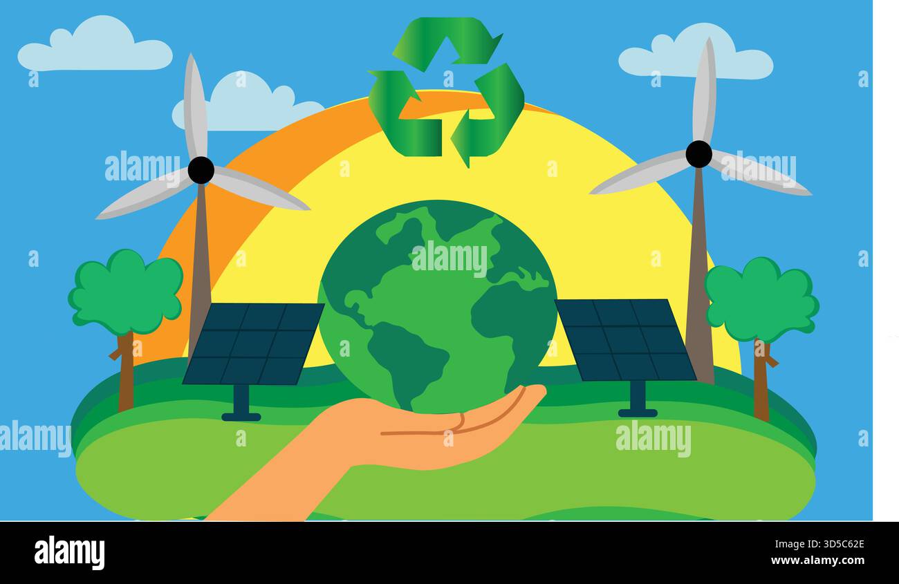 Save Earth Renewable Energy Illustration | Eco Friendly Solar Power ...