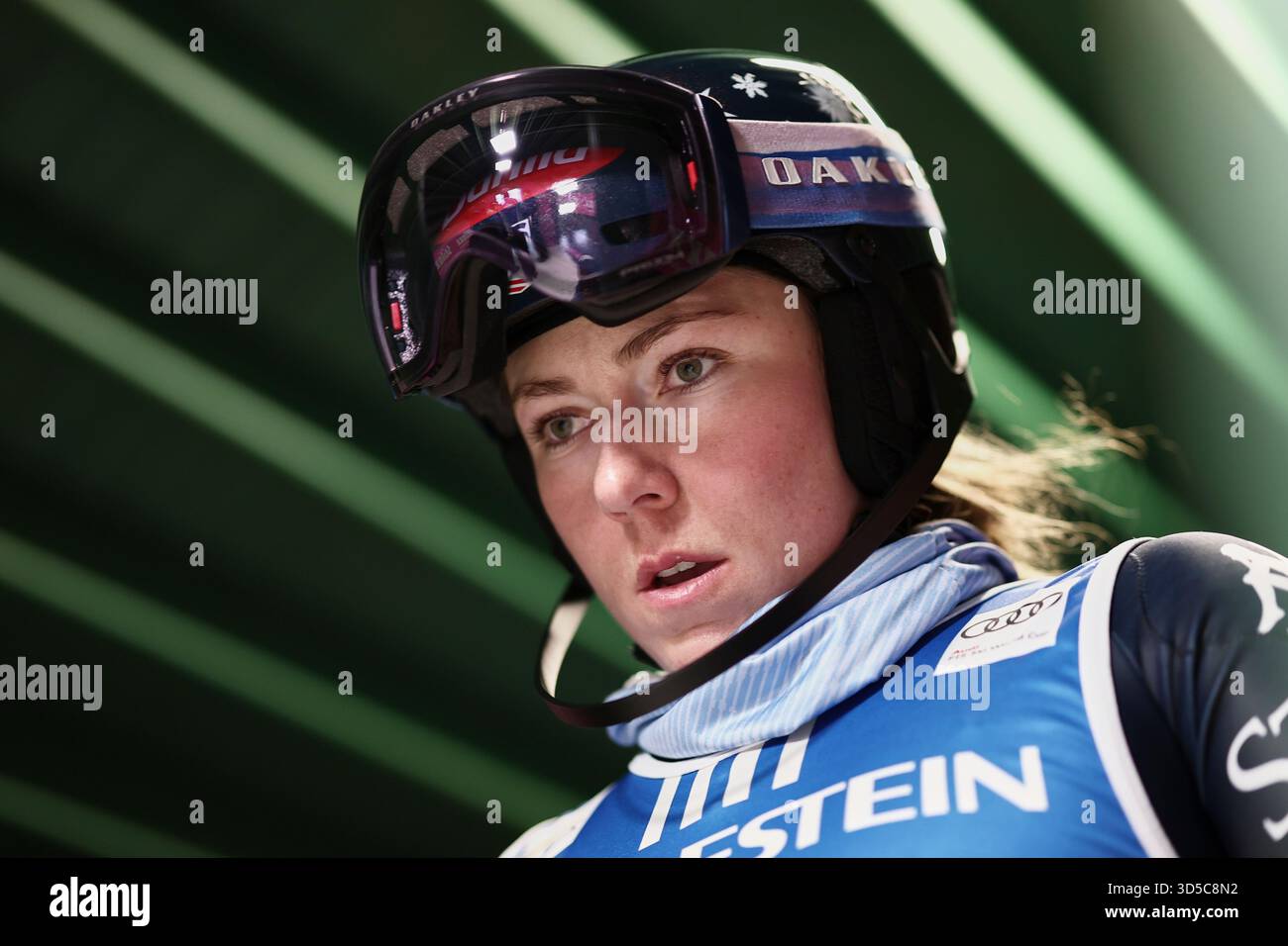 United States' Mikaela Shiffrin concentrates at the starting gate of an ...