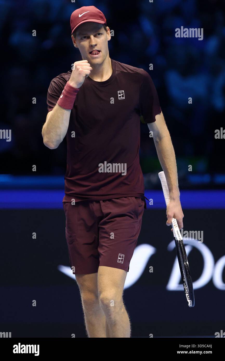 Jannik Sinner of Italy celebrates during the Round Robin singles match ...