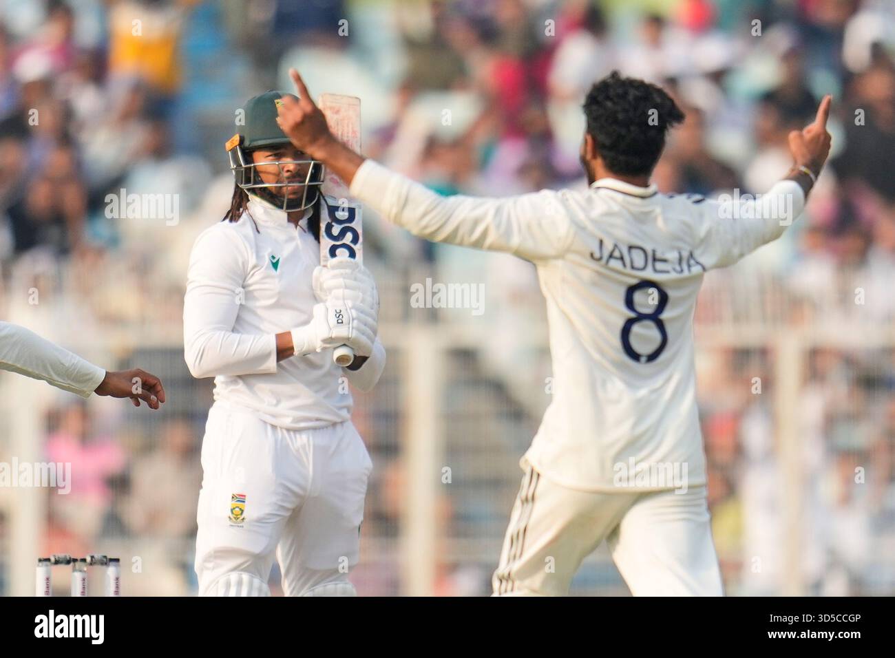 India's Ravindra Jadeja, right, celebrates the dismissal of South ...