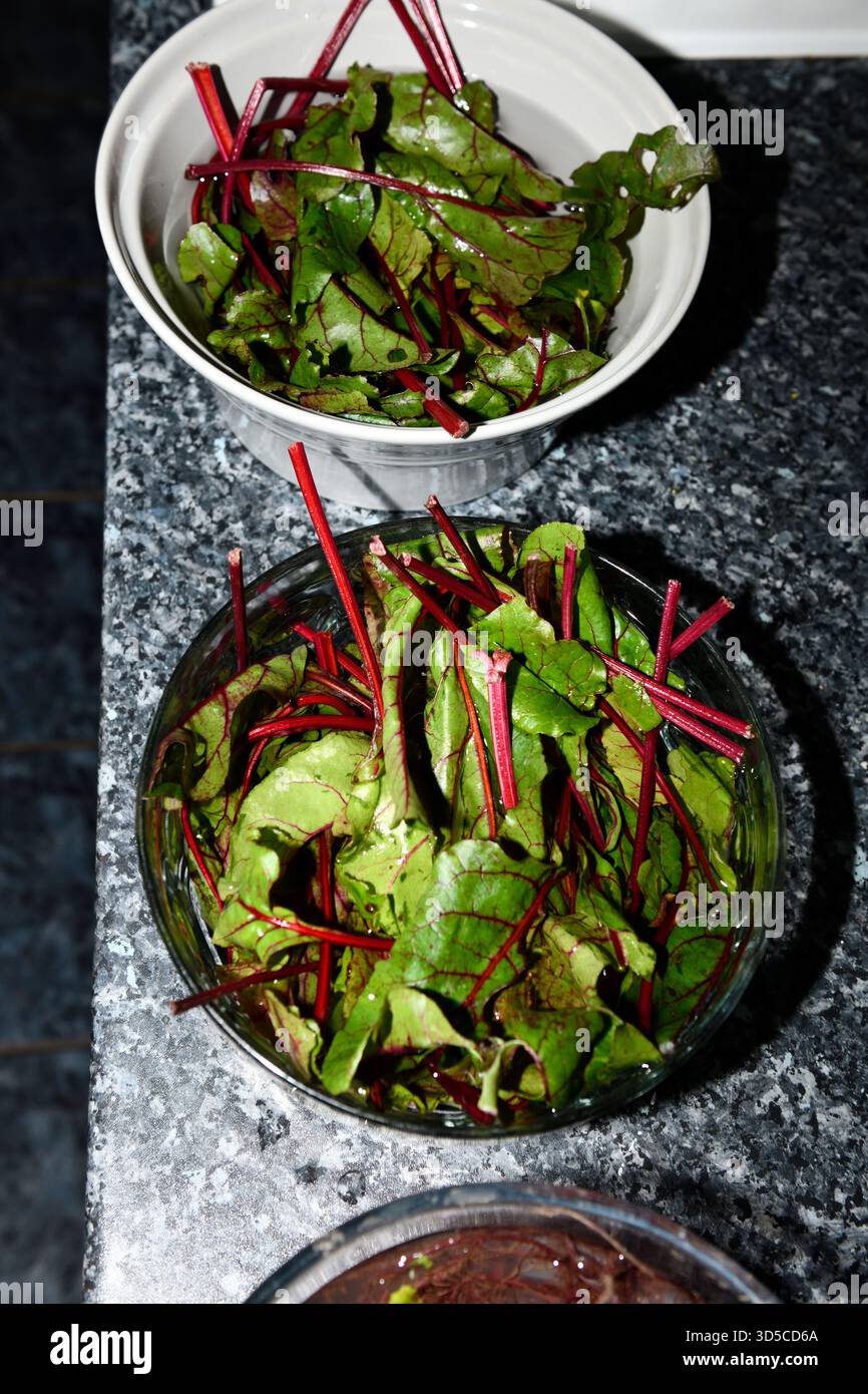 Garden grown Beetroot Leaves prepared in the Kitchen Stock Photo - Alamy