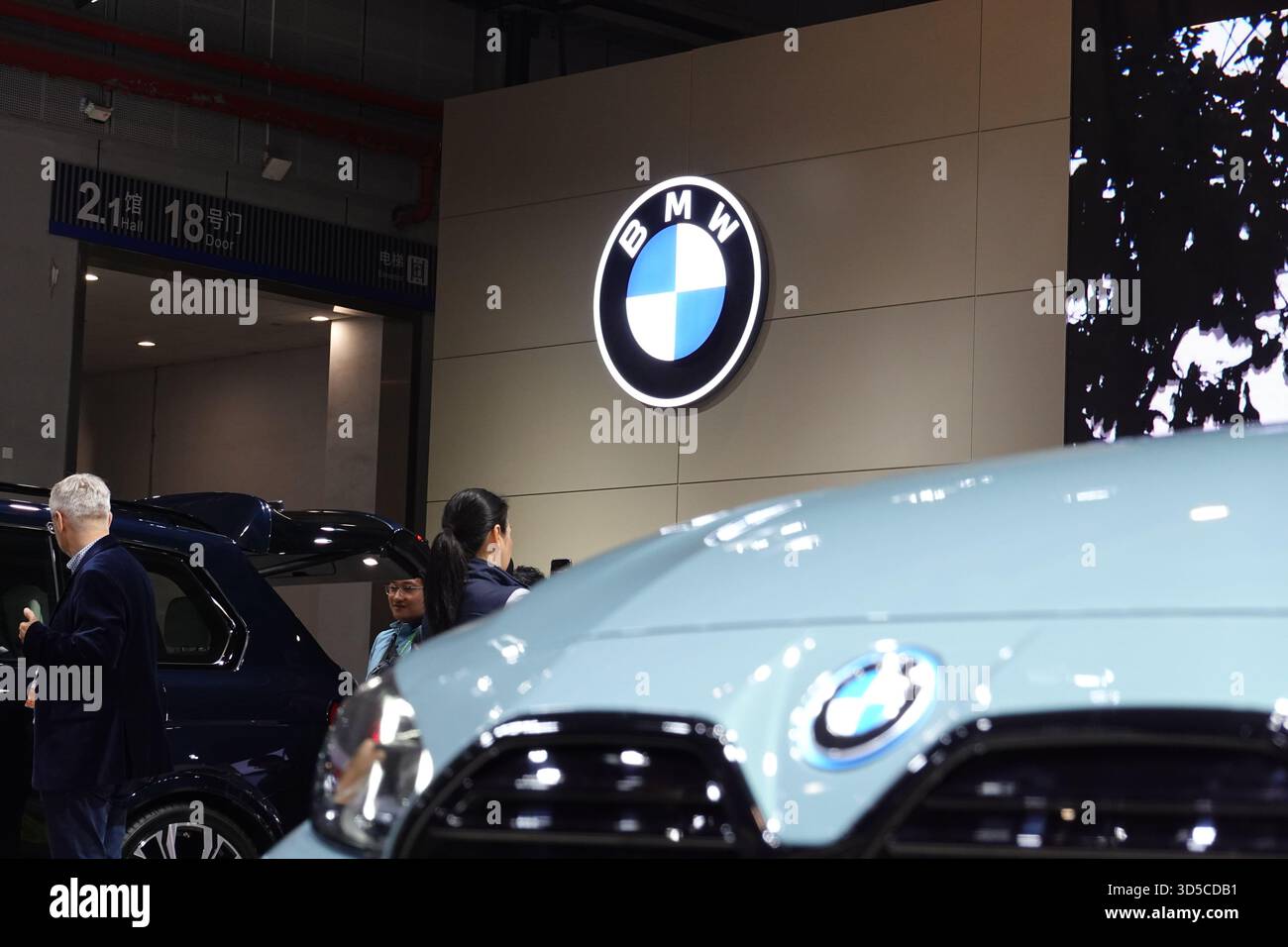 The BMW logo and vehicles are on display at the 8th China International ...