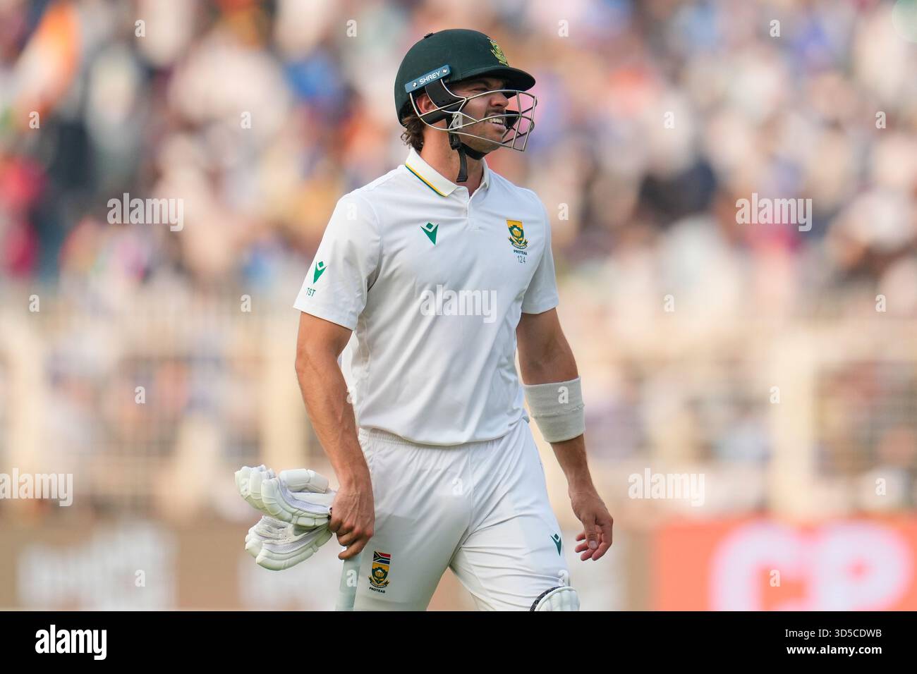 South Africa's Tristan Stubbs reacts as he walks off the field after ...