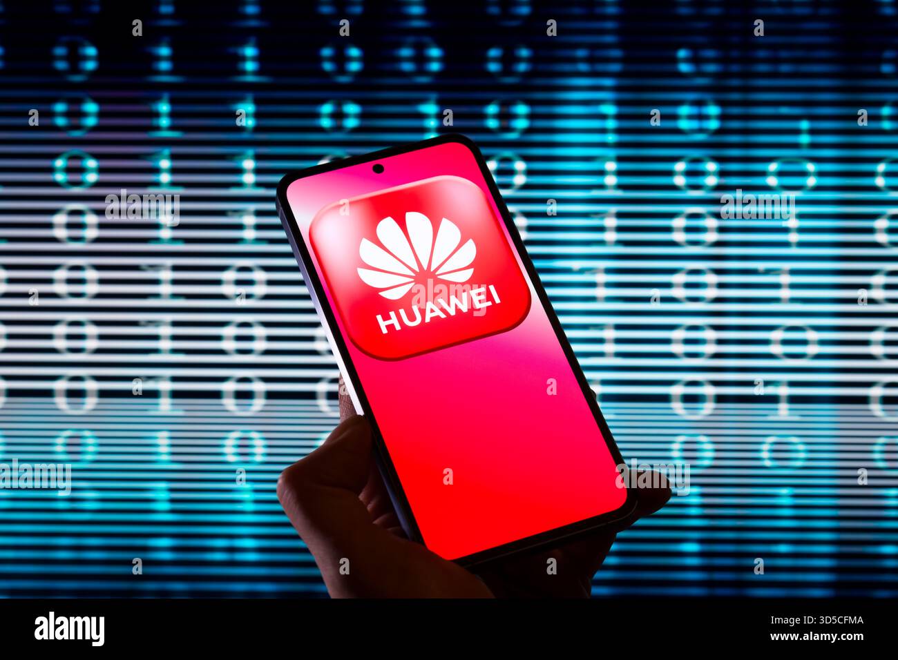 The Huawei Corporation logo is being displayed on a mobile phone with a ...