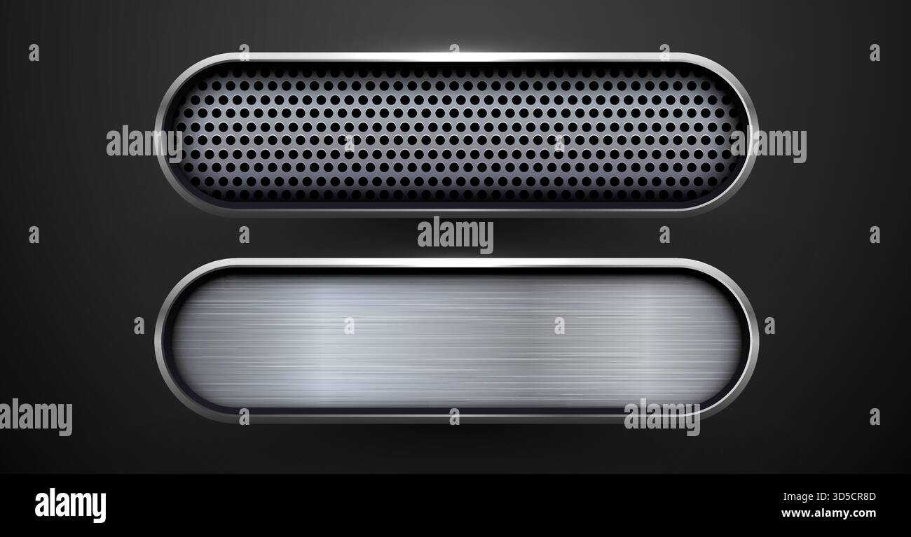 Metallic buttons with brushed and perforated textures on a dark ...