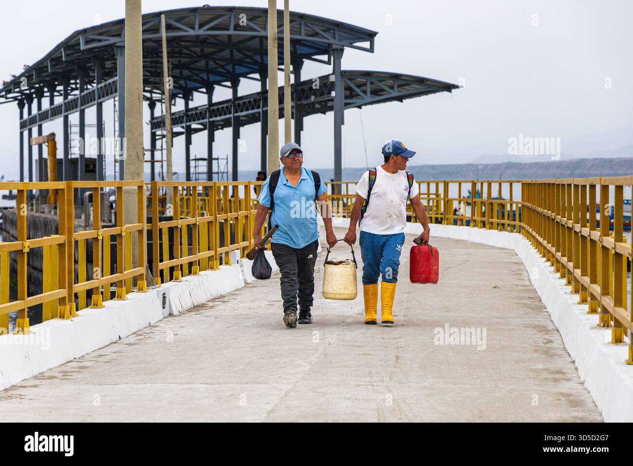 Two men walking on a bridge carrying buckets and a red container. Scene ...