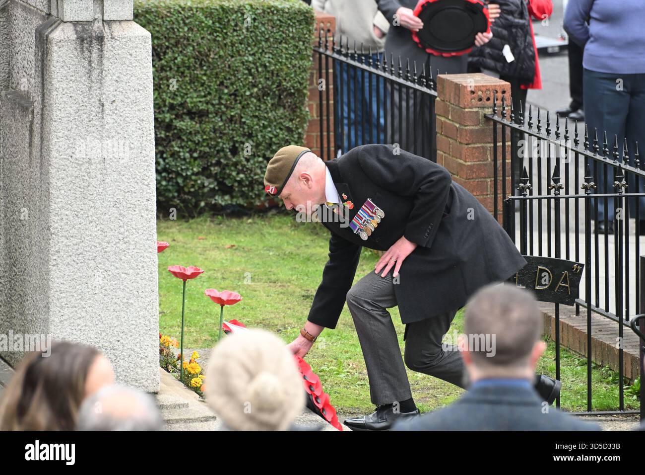 A military veteran laying a poppy wreath at the Remembrance Sunday ...