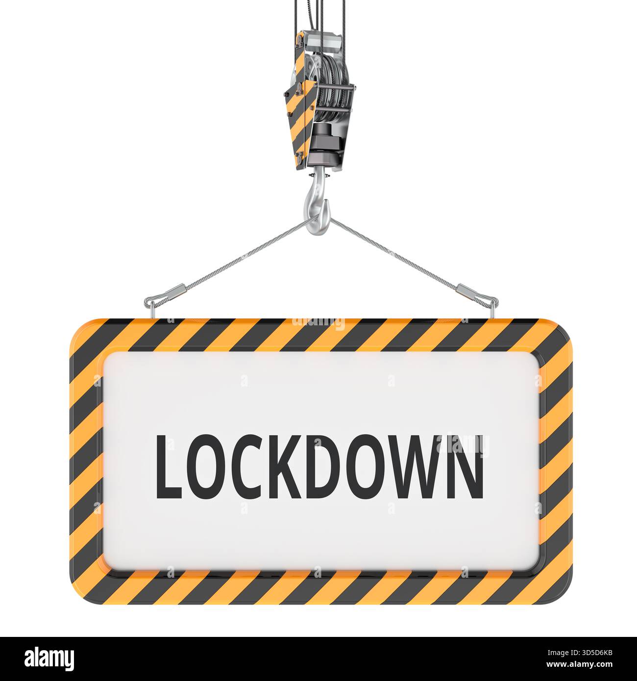 Lockdown warning sign on crane hook. 3D rendering isolated on white ...