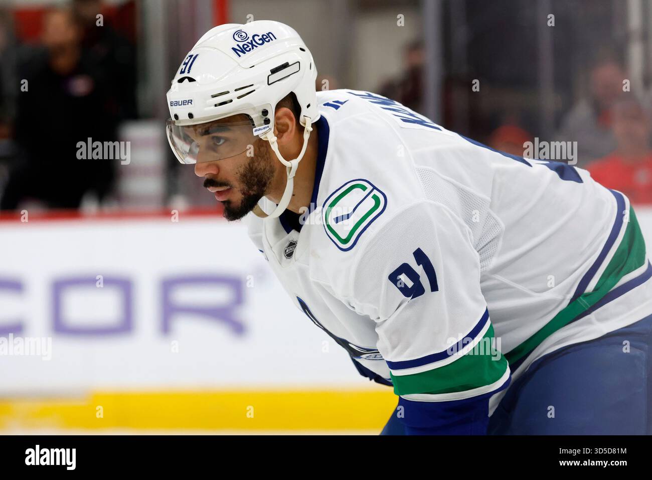 Vancouver Canucks' Evander Kane (91) waits for a face-off against the ...