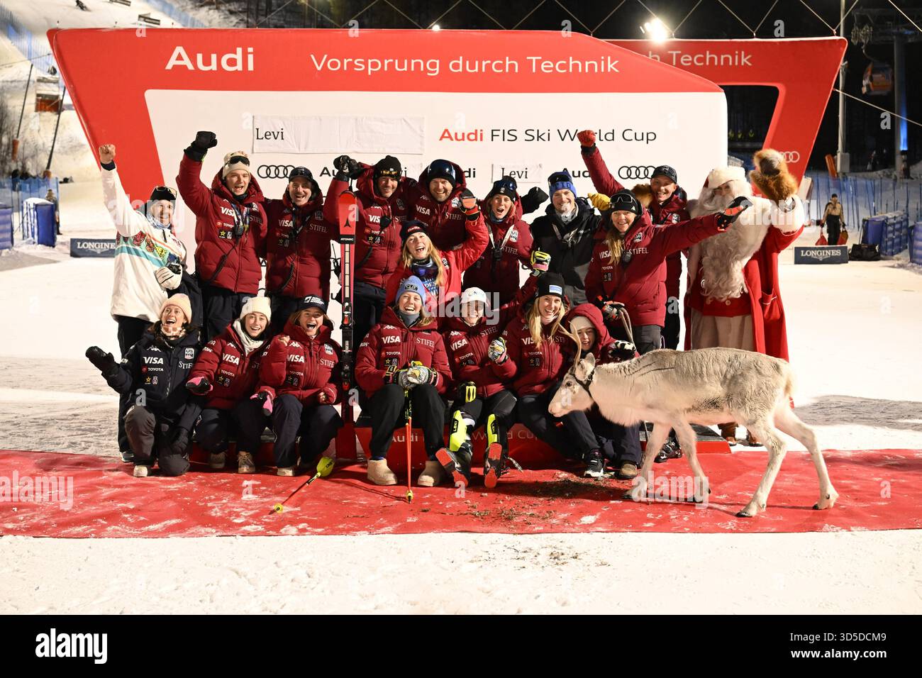 Winner USA's Mikaela Shiffrin (C) celebrates on the podium with Team ...