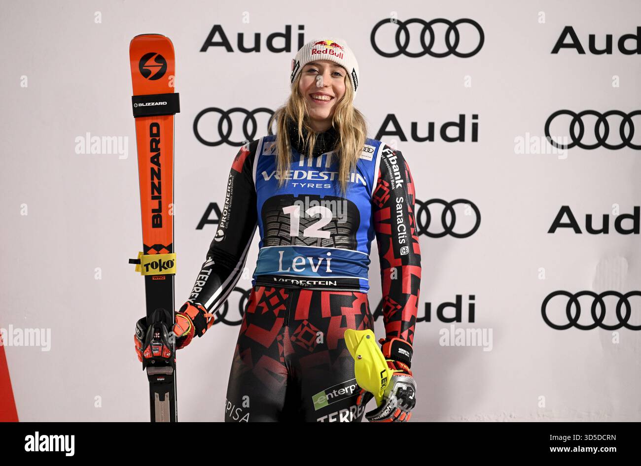 Second placed Albania's Lara Colturi celebrates on the podium after FIS ...