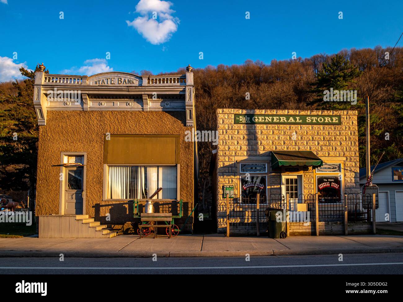 Historic buildings in Woodman, Wisconsin — an old abandoned bank and a ...