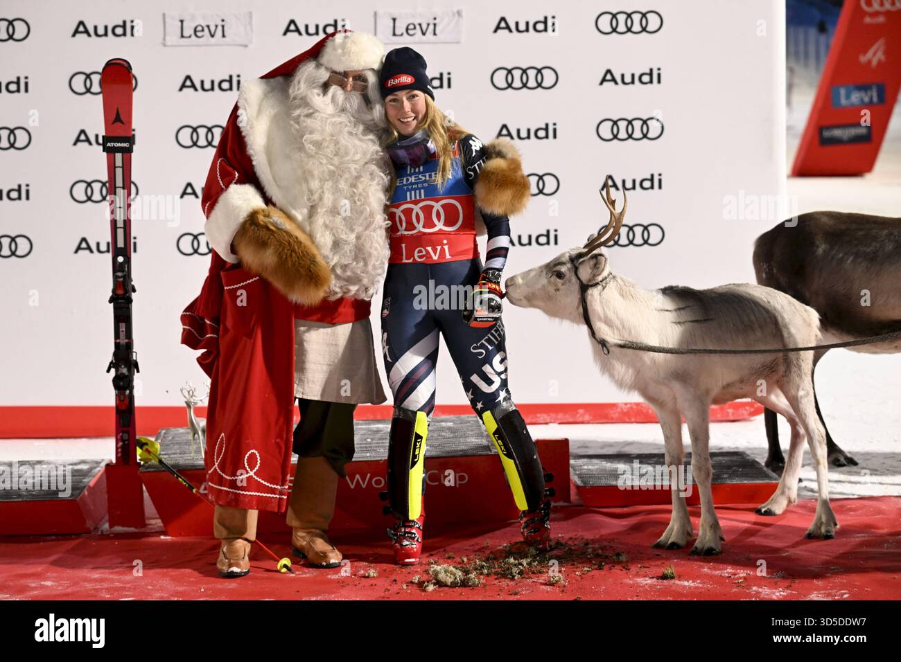 Winner USA's Mikaela Shiffrin pose with the reindeer of Santa Claus ...