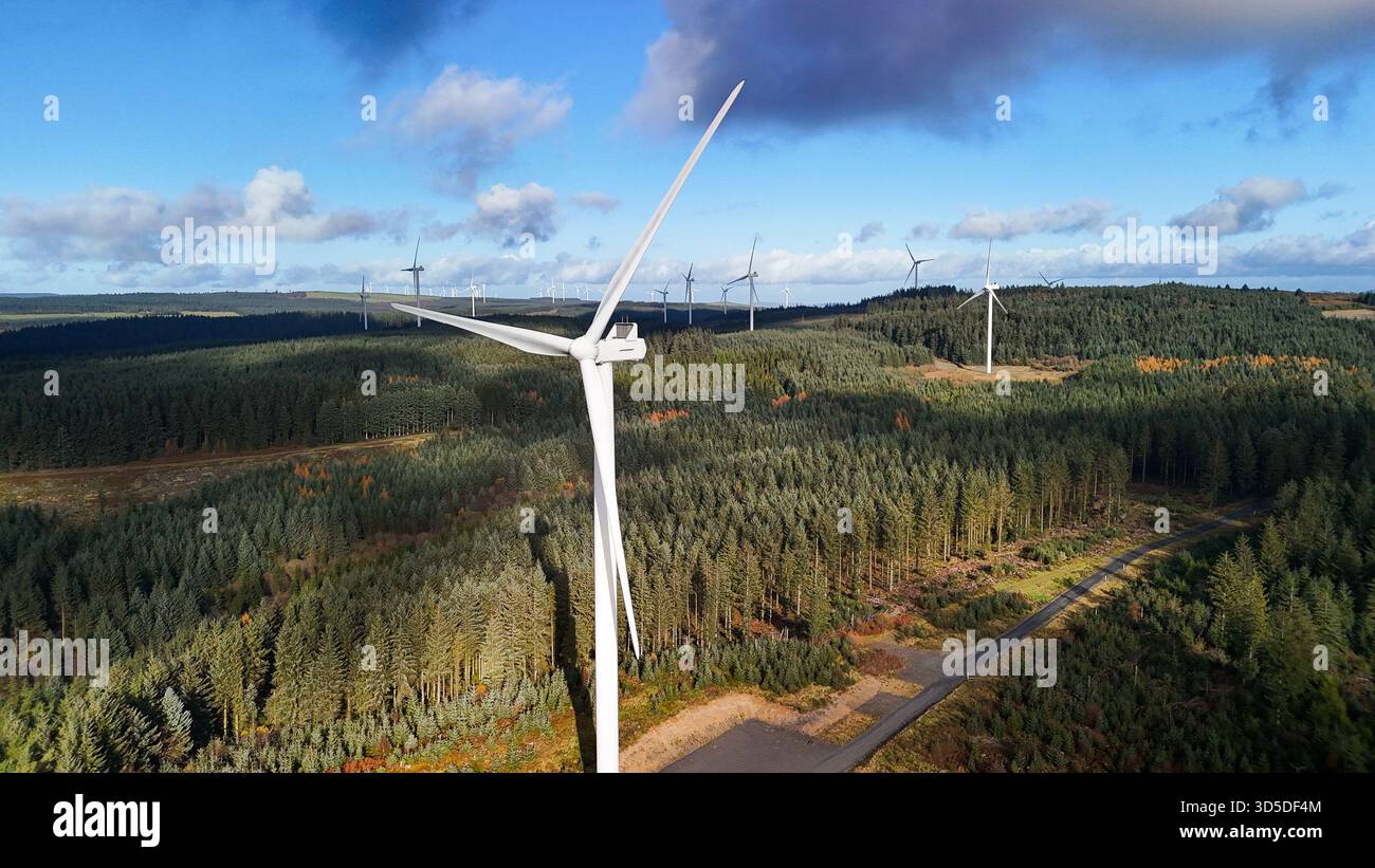 Aerial view of Clocaenog Forest Wind Farm in North Wales, showing ...