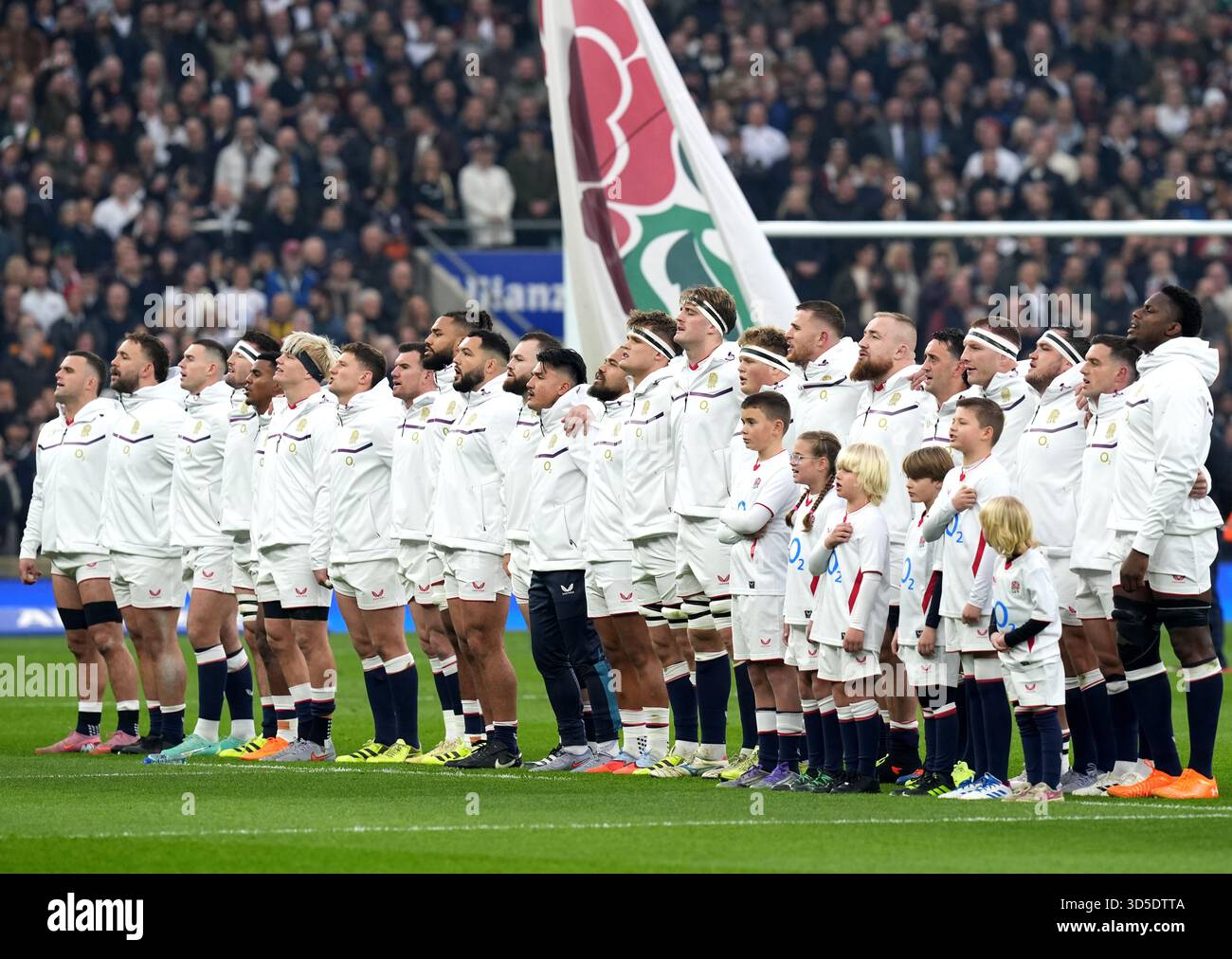 England players line up to perform their national anthem ahead of the ...
