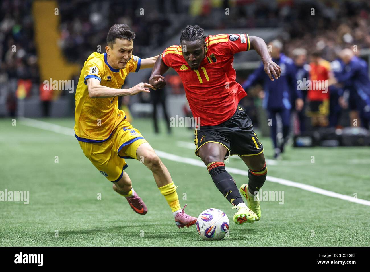Belgium's Jeremy Doku pictured in action during a soccer game between Kazakhstan and Belgium's ...