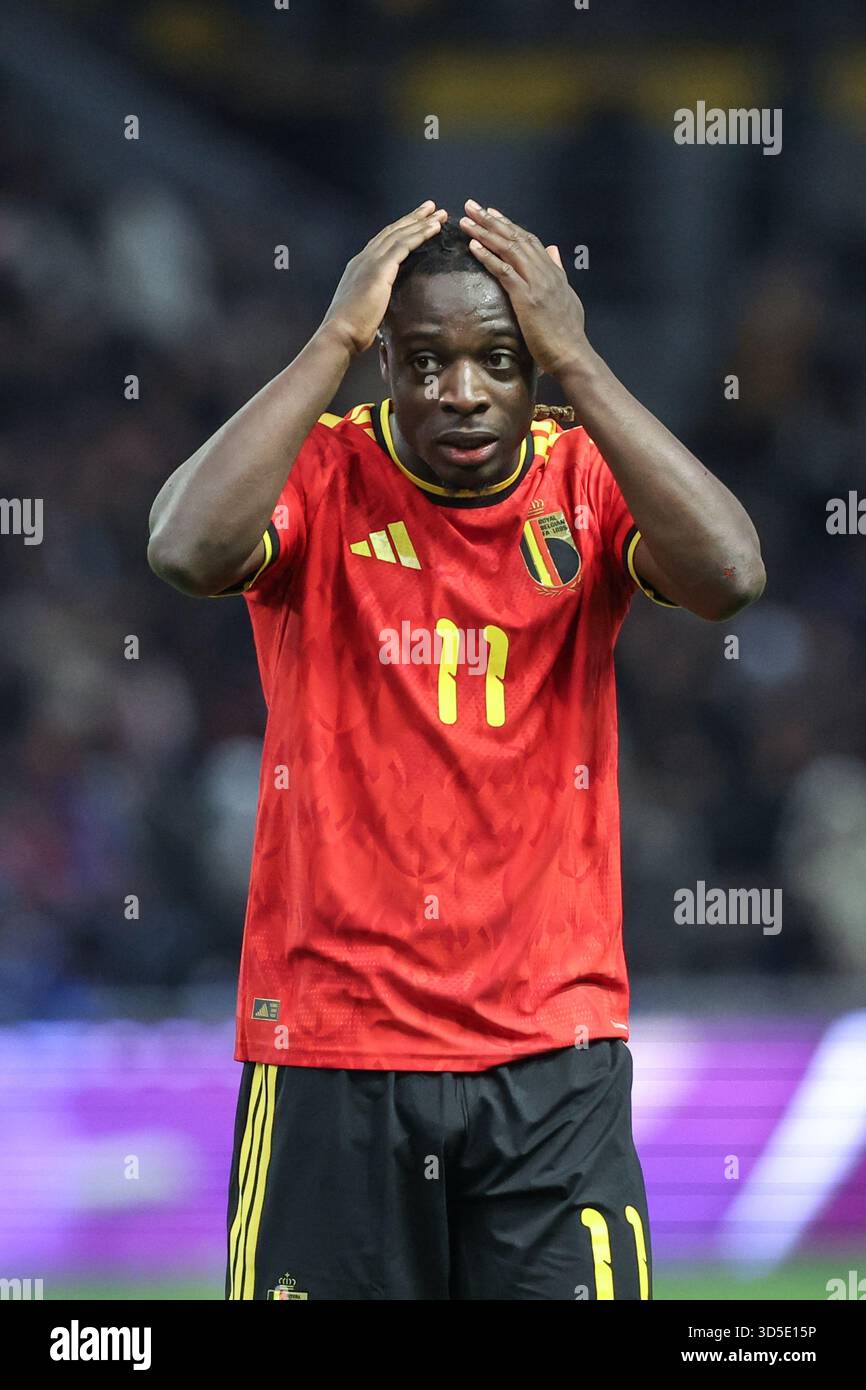Belgium's Jeremy Doku reacts during a soccer game between Kazakhstan and Belgium's Red Devils ...