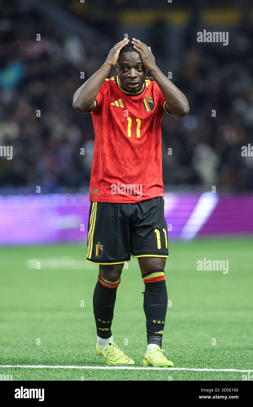 Belgium's Jeremy Doku reacts during a soccer game between Kazakhstan and Belgium's Red Devils ...