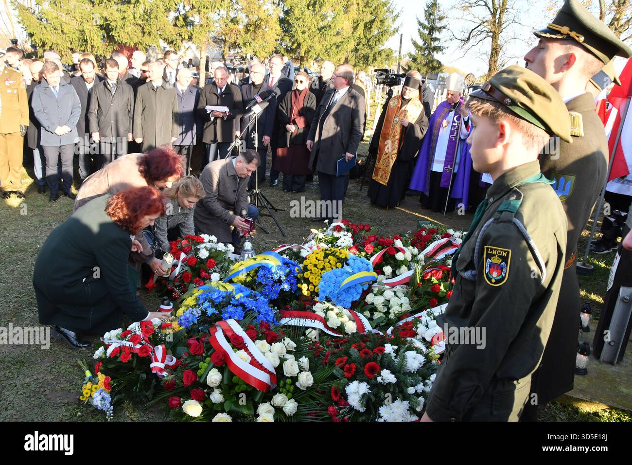 MOSTYSKA, UKRAINE - NOVEMBER 14, 2025: People, priests, and service ...