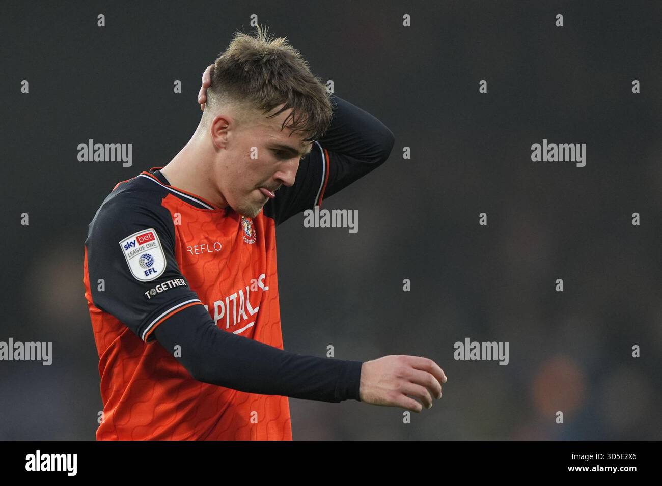 Luton Town's Jake Richards reacts at half time during the Sky Bet ...