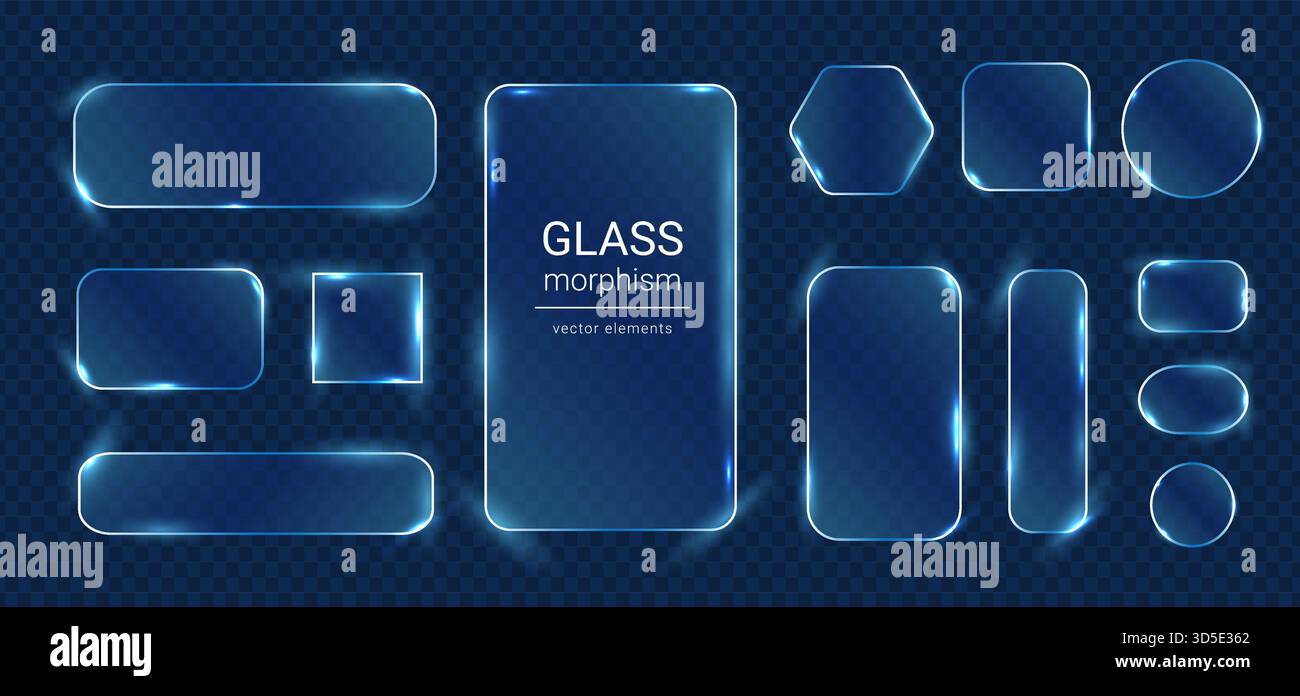 Glossy glassmorphism shapes set with neon glowing edges Stock Vector ...
