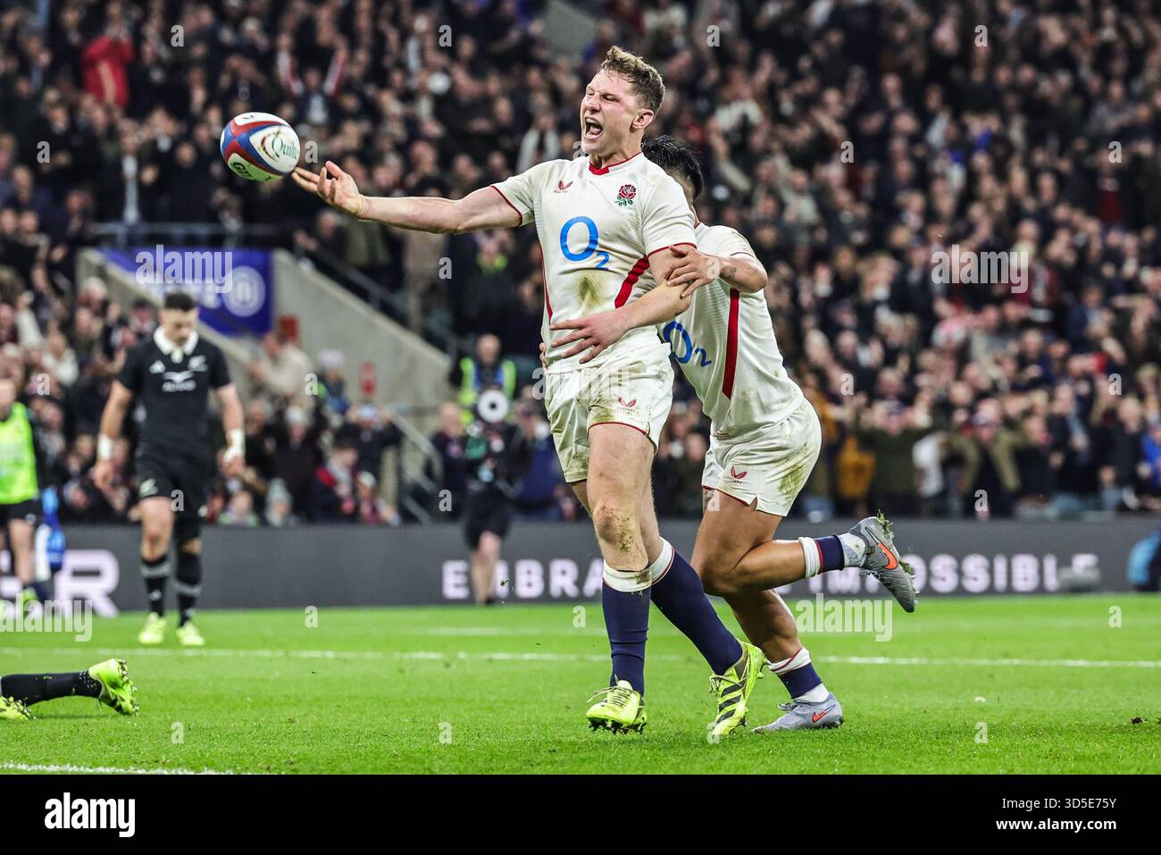 Fraser Dingwall of England celebrates his try during the Quilter ...