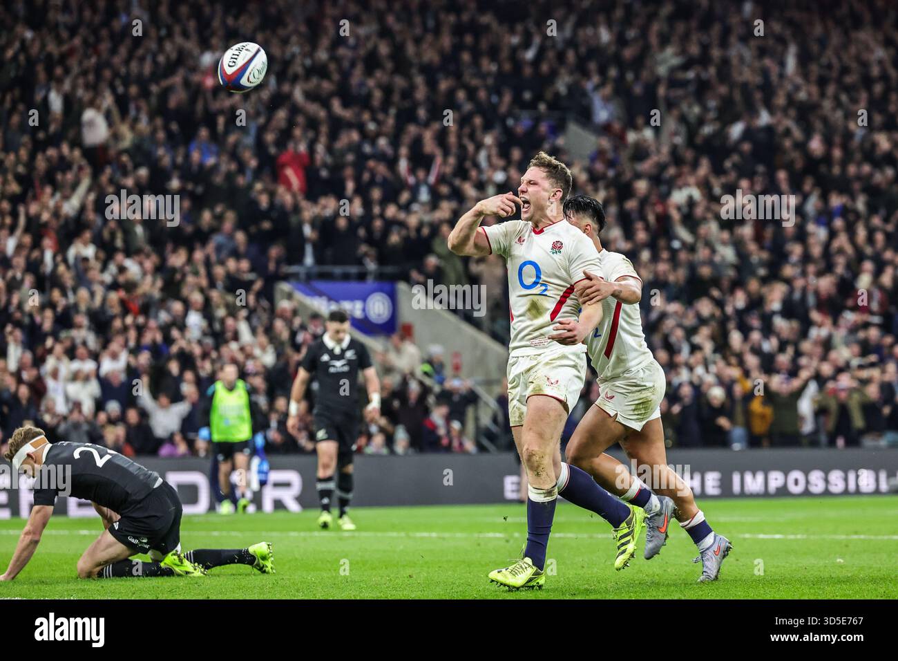 Fraser Dingwall of England celebrates his try during the Quilter ...