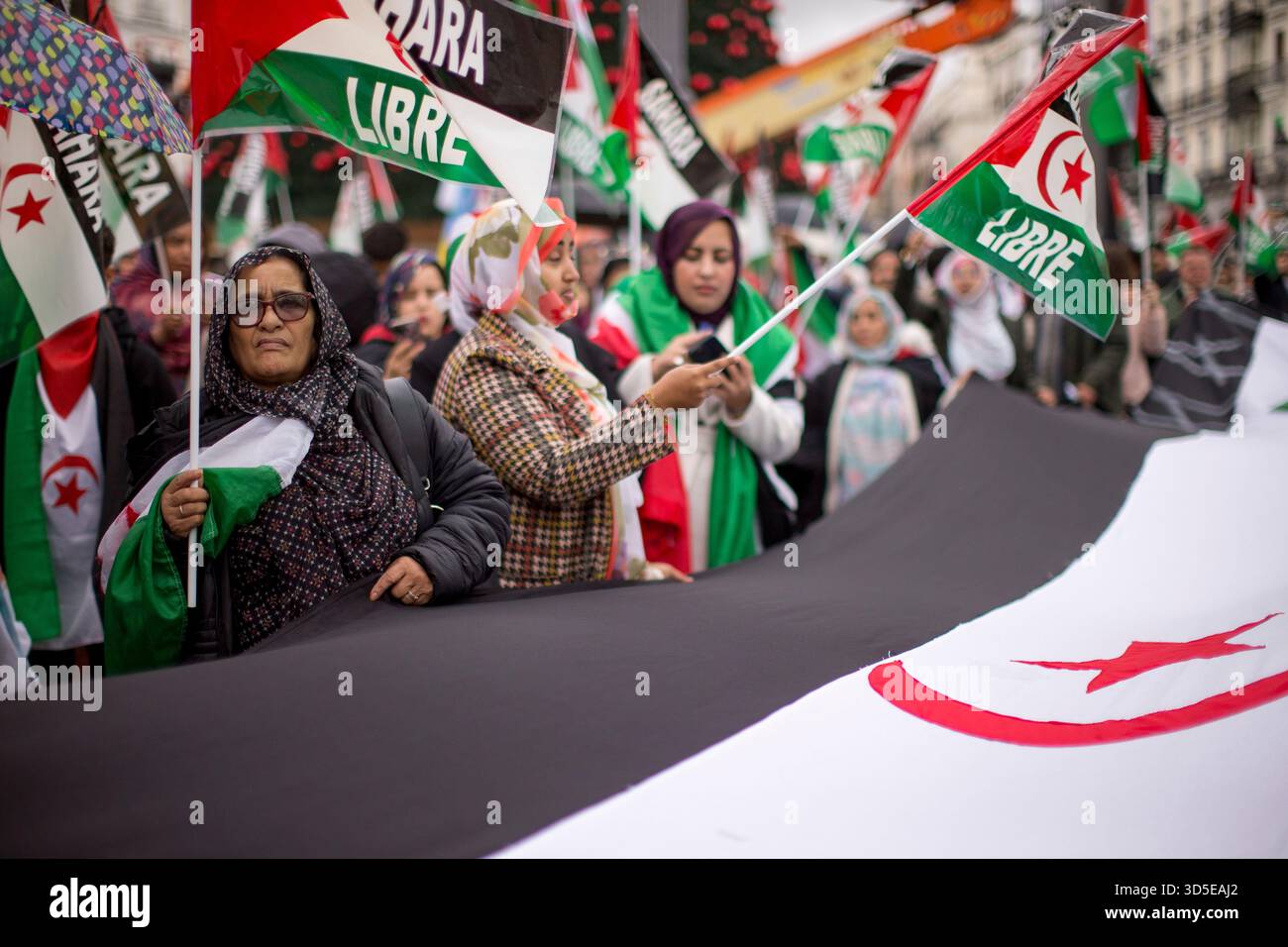 Members of the Sahrawi community in Madrid, waving flags, chant slogans ...