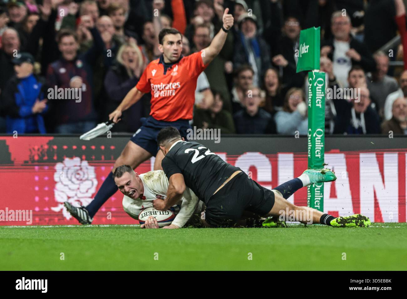 Tom Roebuck of England goes over for a try during the Quilter Nations ...