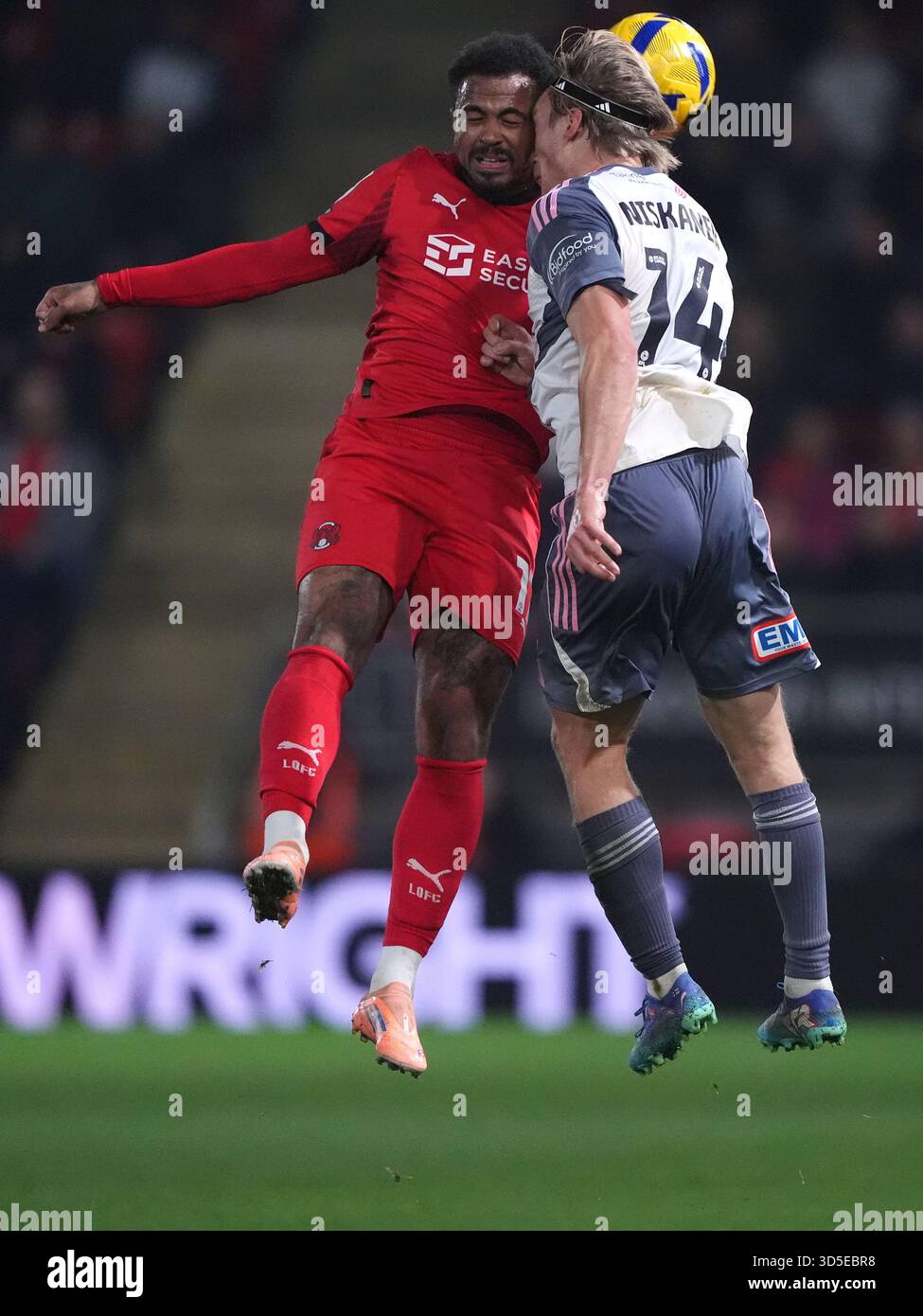 Leyton Orient's Josh Koroma (left) and Exeter City's Ilmari Niskanen ...