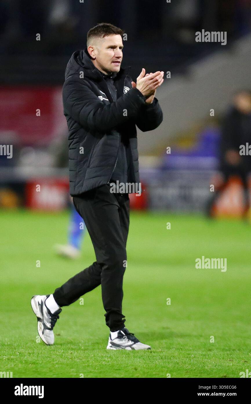 Lee Bell, Manager of Crewe Alexandra applauds the fans following a 0-0 ...